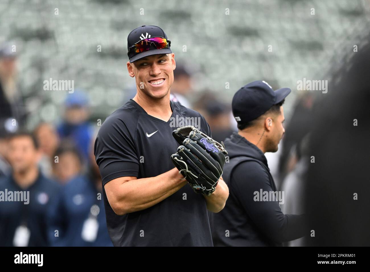 New York Yankees' Aaron Judge smiles during batting practice before a ...