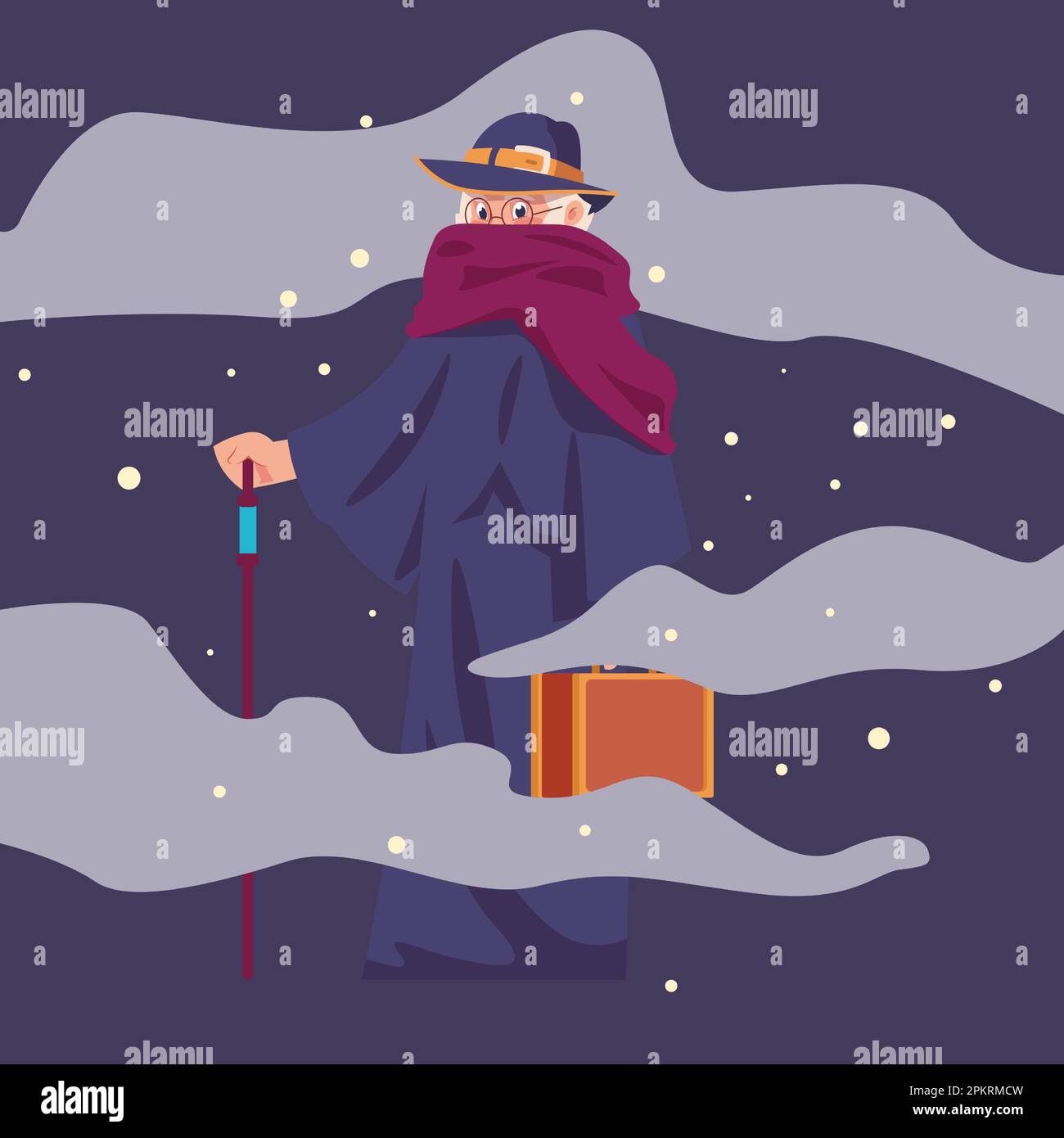 Cartoon wizard. Male person in robe and with cane, suitcase and hat ...