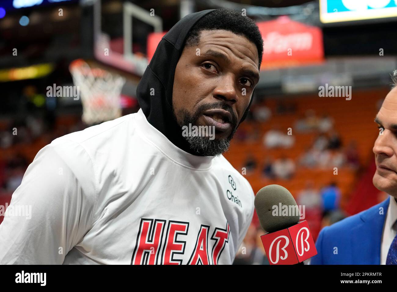 Miami Heat forward Udonis Haslem is interviewed before an NBA ...