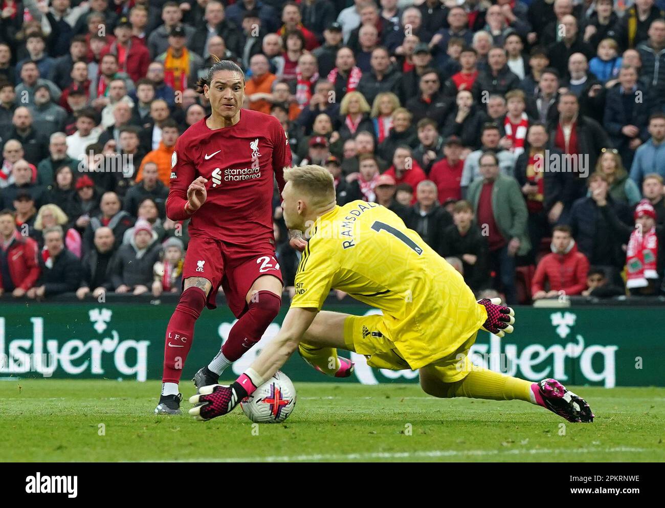Arsenal goalkeeper Aaron Ramsdale saves from Liverpool's Darwin Nunez ...