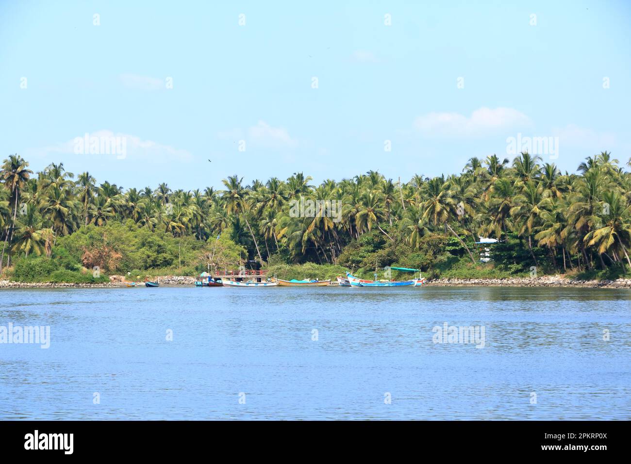 the lake and backwaters behind Dharmadam beach in Kannur, Kerala in ...