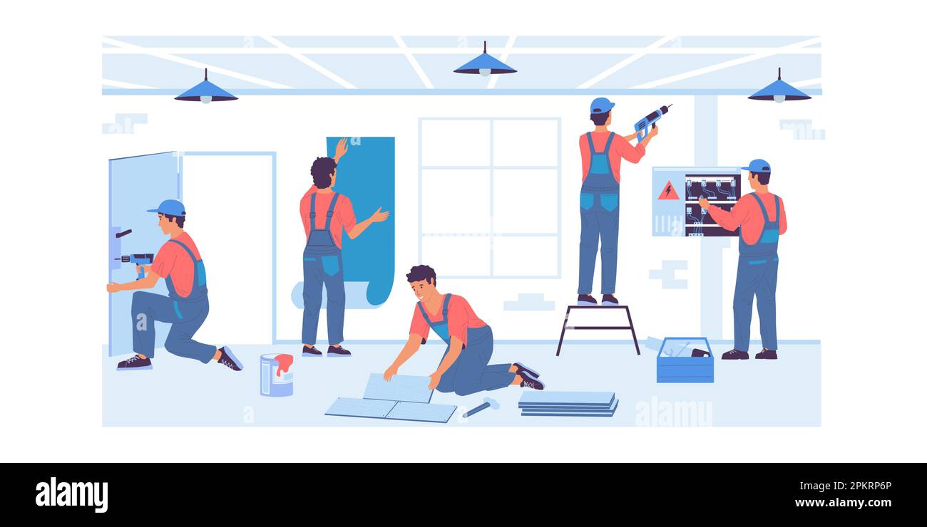 Man gluing wallpaper Stock Vector Images - Alamy