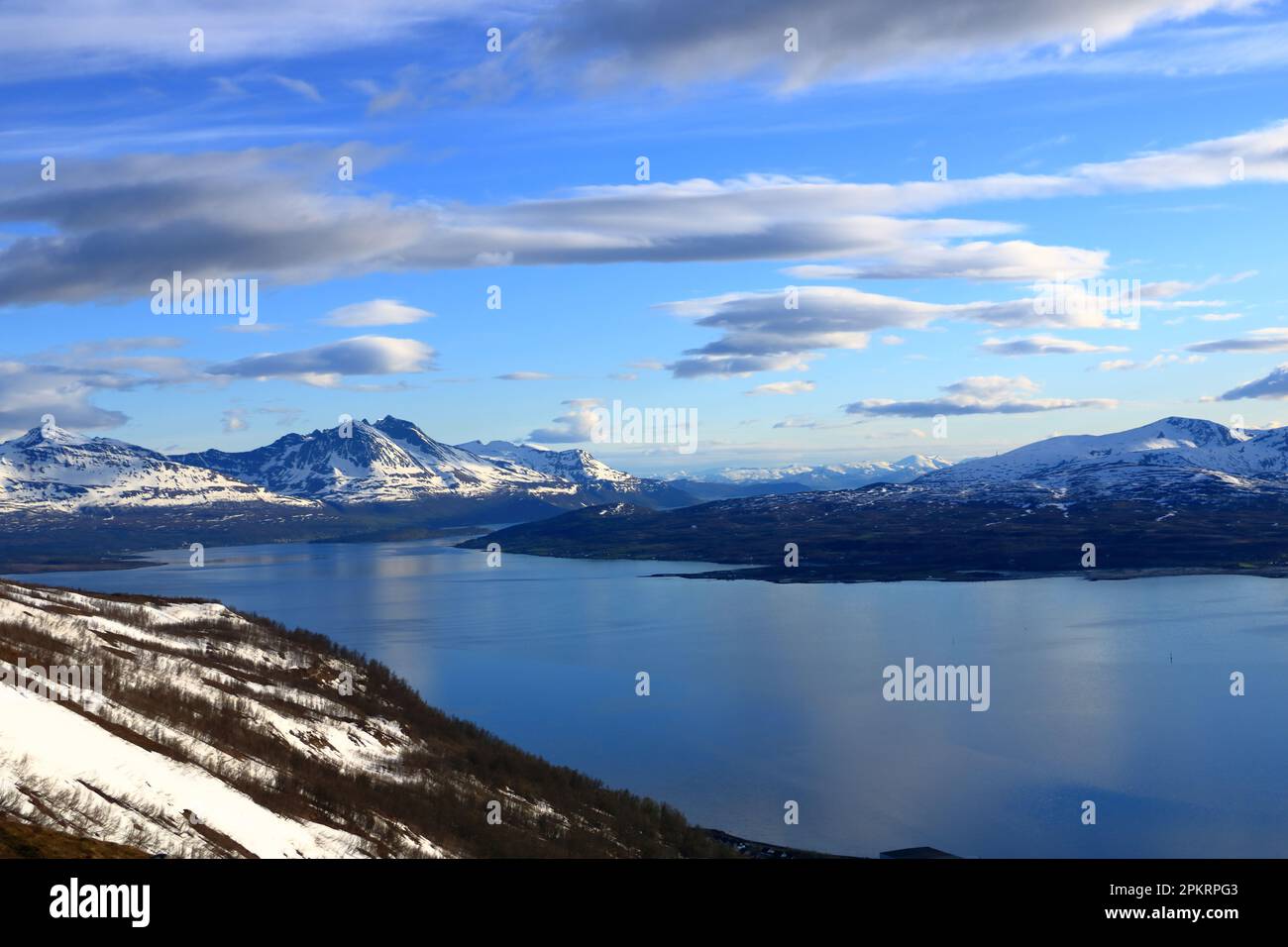 Aerial view of white snow covered landscape around Tromso Norway in the ...