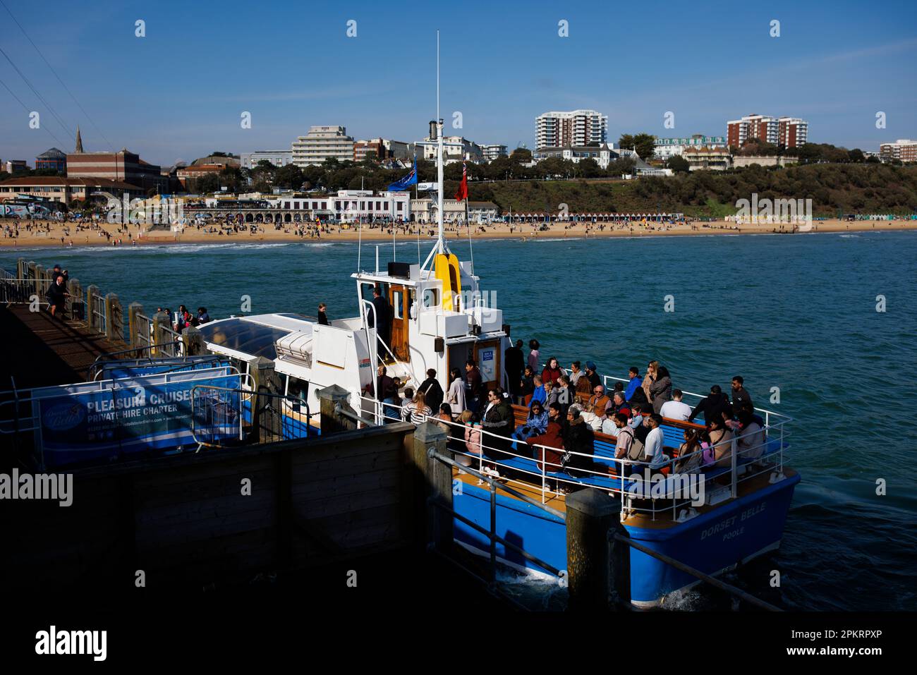 Dorset Belle tourist sightseeing boat comes alongside at Bournemouth ...