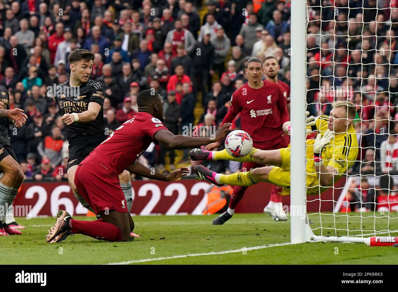 Liverpool, UK. 9th Apr, 2023. Aaron Ramsdale of Arsenal saves from ...