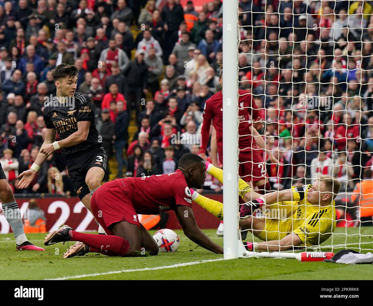 Liverpool, UK. 9th Apr, 2023. Aaron Ramsdale of Arsenal saves from ...