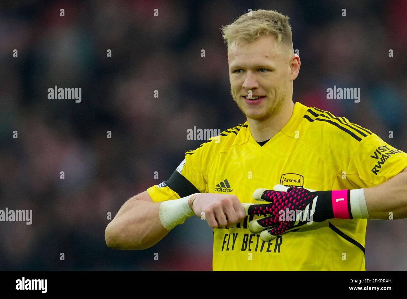 Arsenal's goalkeeper Aaron Ramsdale smiles at the end of the English ...