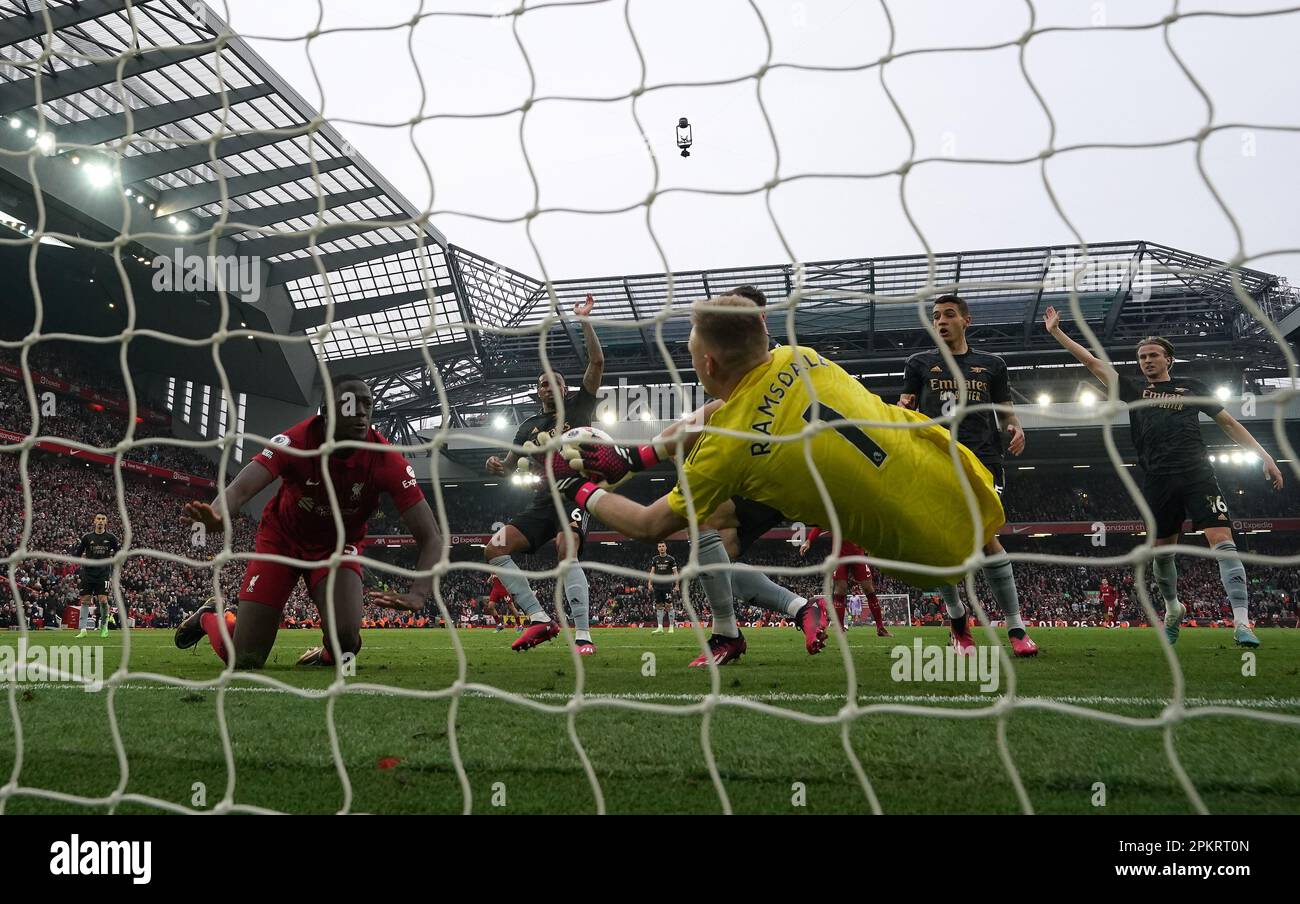 Arsenal goalkeeper Aaron Ramsdale saves from Liverpool's Ibrahima ...