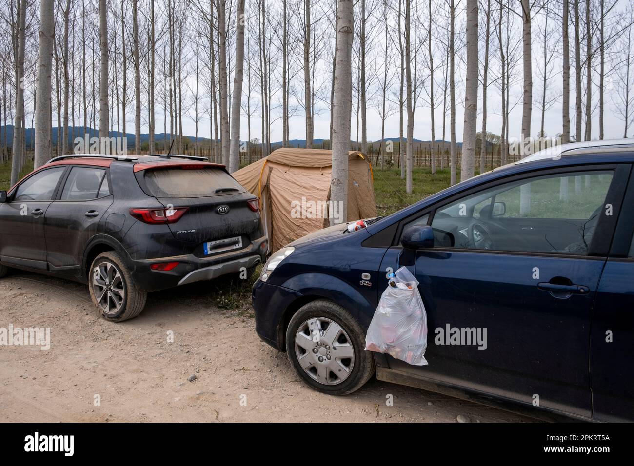 Sant Joan de Mollet, Spain. 9th Apr, 2023. Vehicles parked and tents at ...
