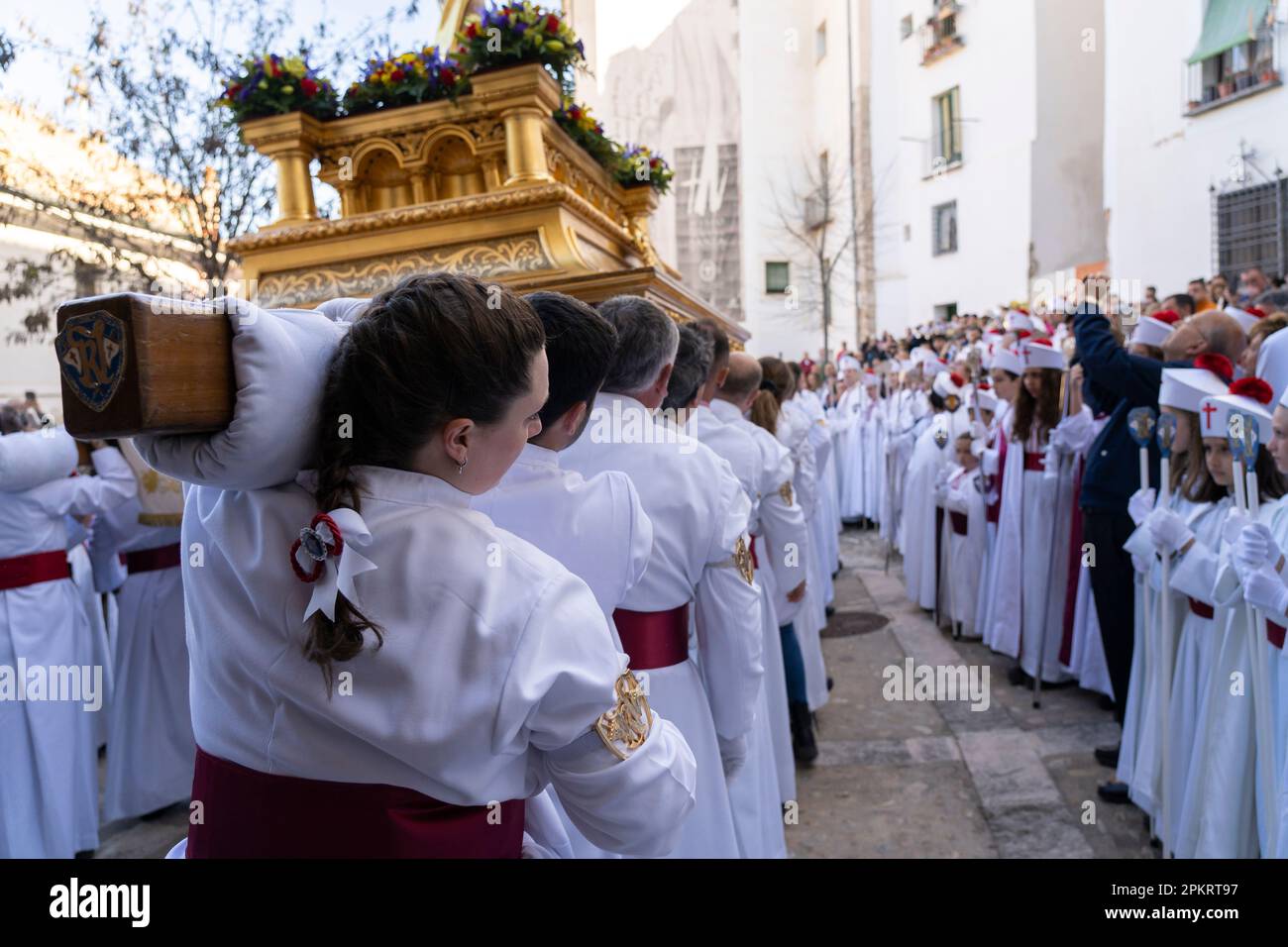 Costaleros during the procession of the Encounter of the Brotherhood of ...