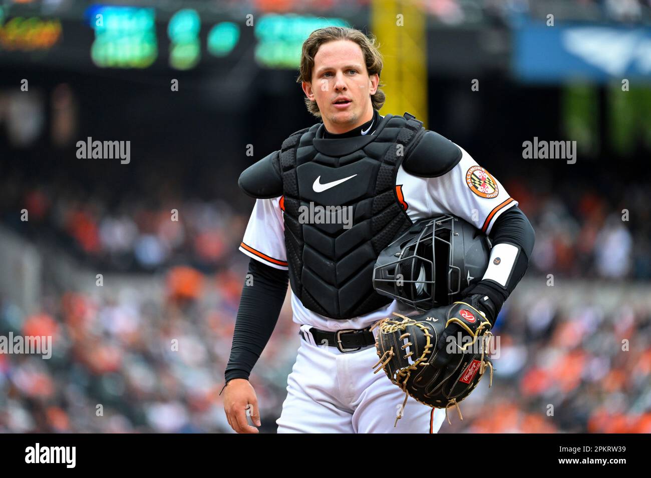 Baltimore Orioles catcher Adley Rutschman looks on during an opening ...