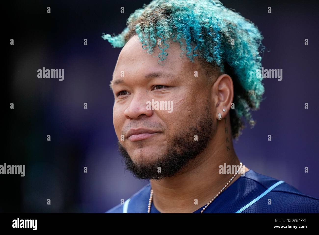 Tampa Bay Rays left fielder Harold Ramirez (43) stands in the dugout during a baseball game ...