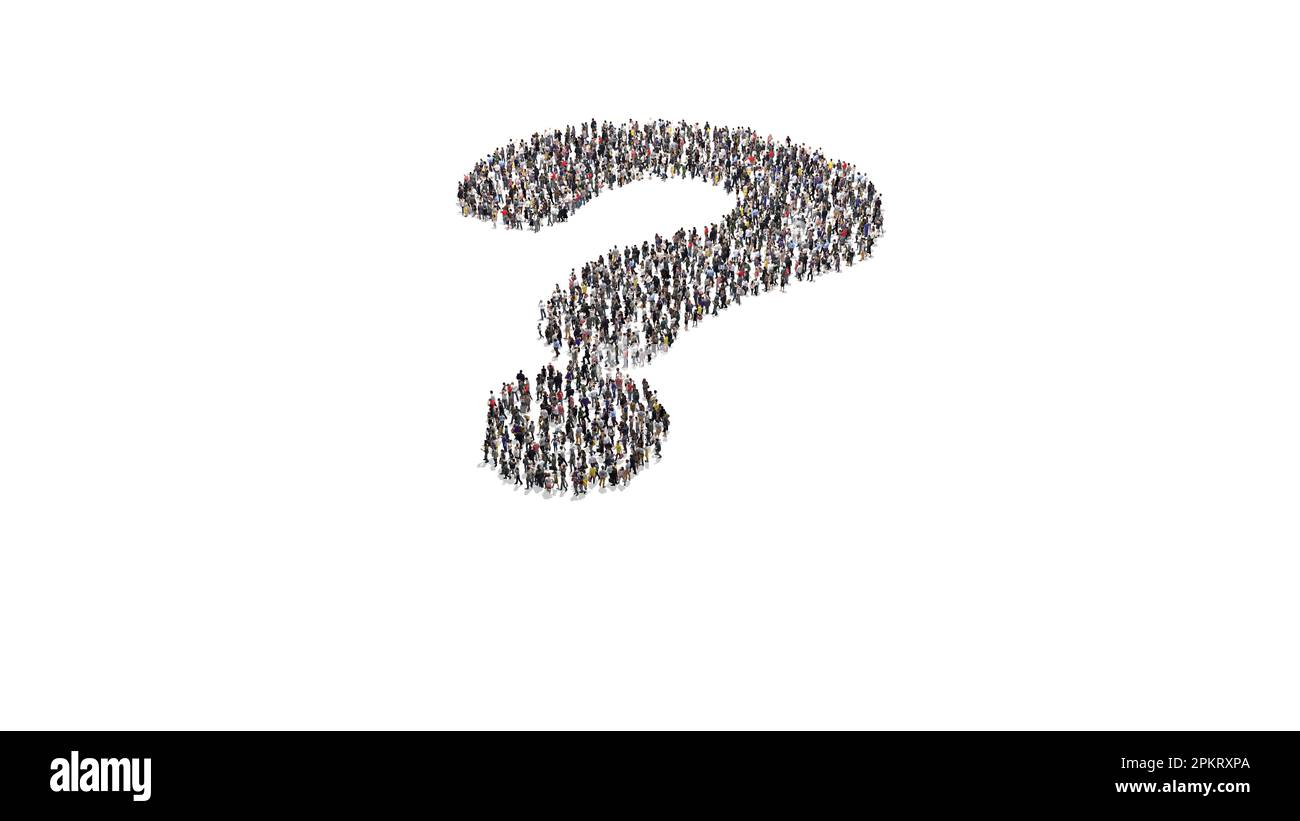 A 3D rendering of a diverse group of people forming a question mark ...