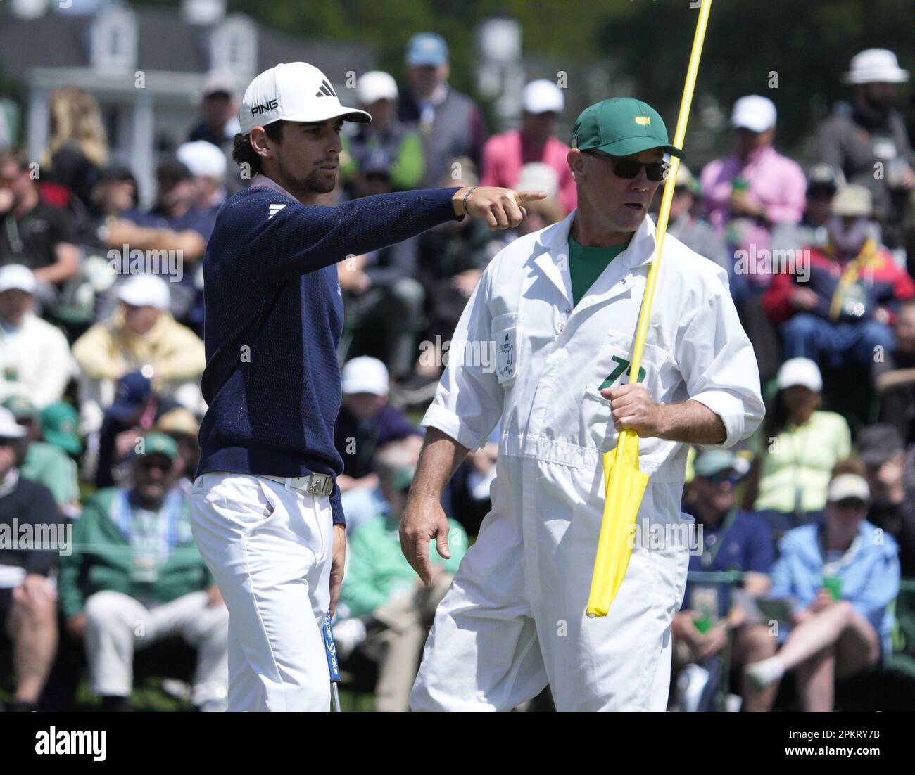 Augusta, United States. 09th Apr, 2023. Joaquin Niemann looks over putt ...