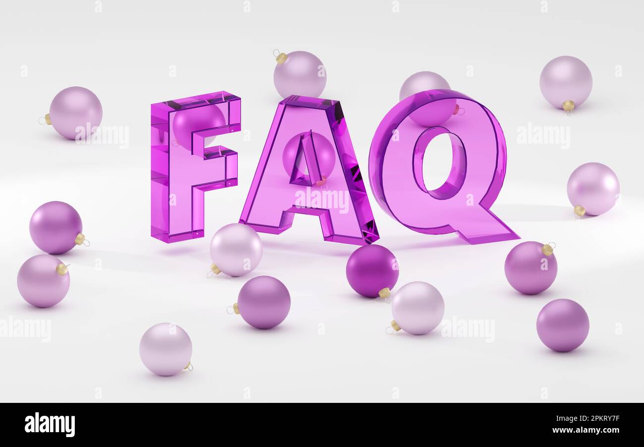 3d render illustration of FAQ purple glass letter on light blackground ...