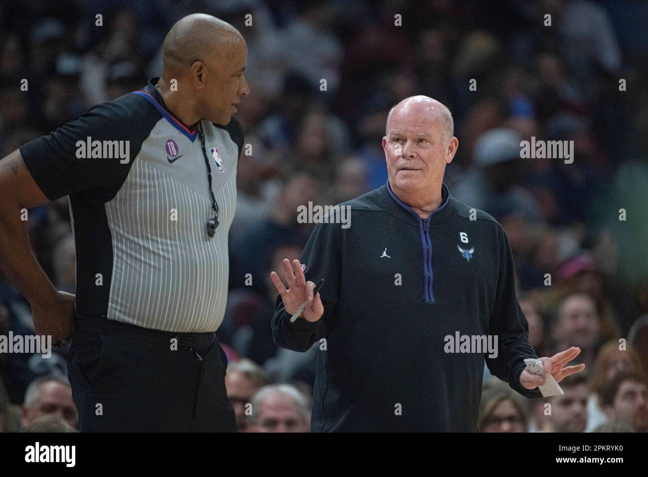 Referee Kevin Cutler listens to Charlotte Hornets head coach Steve ...