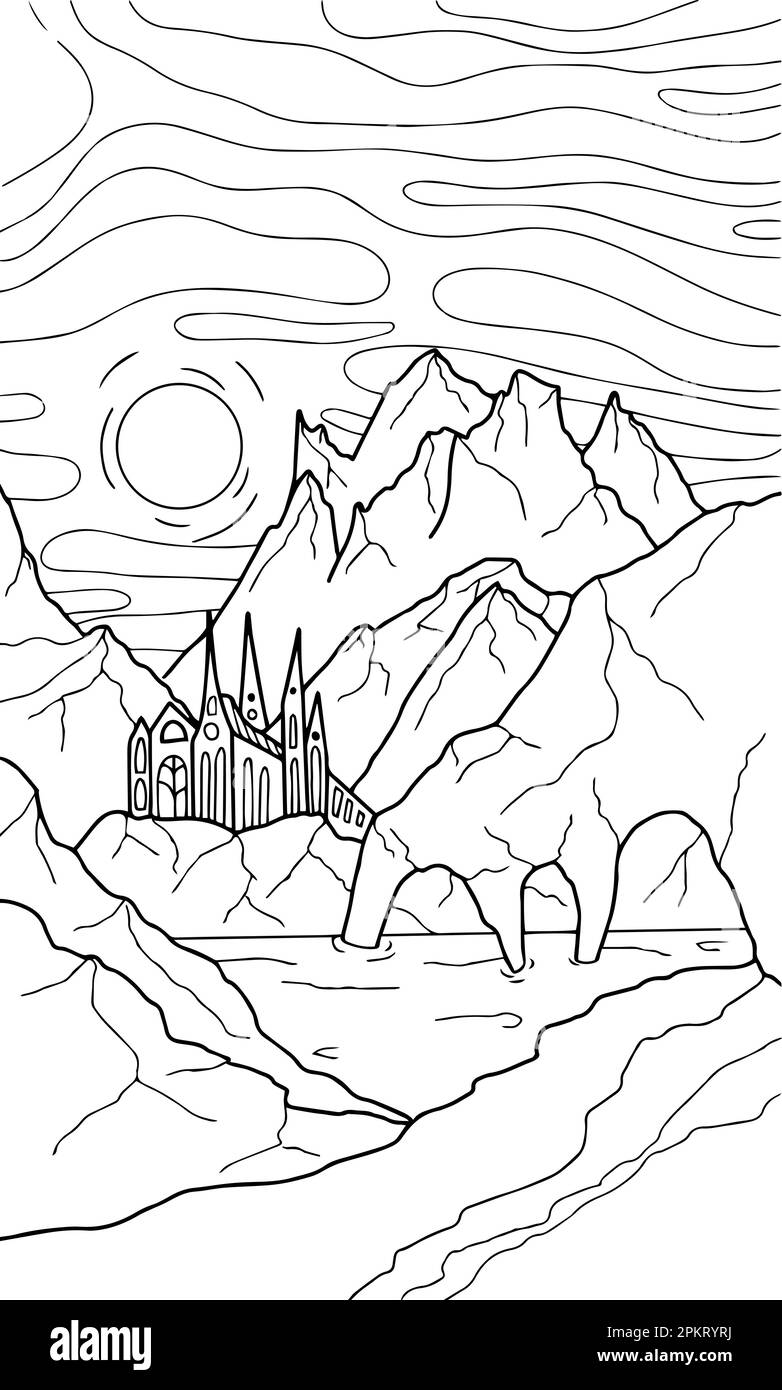 Doodle alien fantasy castle landscape coloring page for adults ...