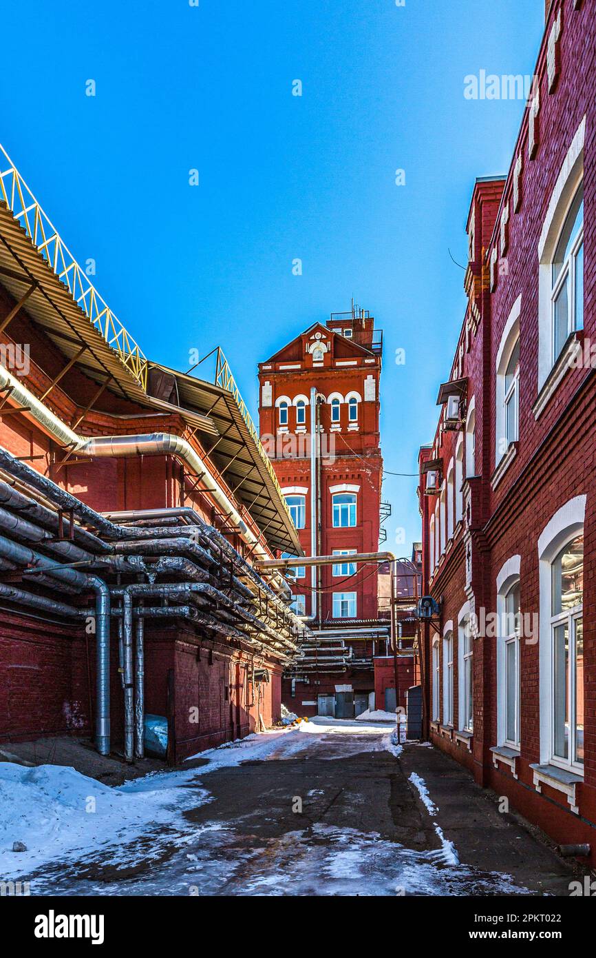 Industrial buildings of an old red brick factory in Moscow, Russia ...