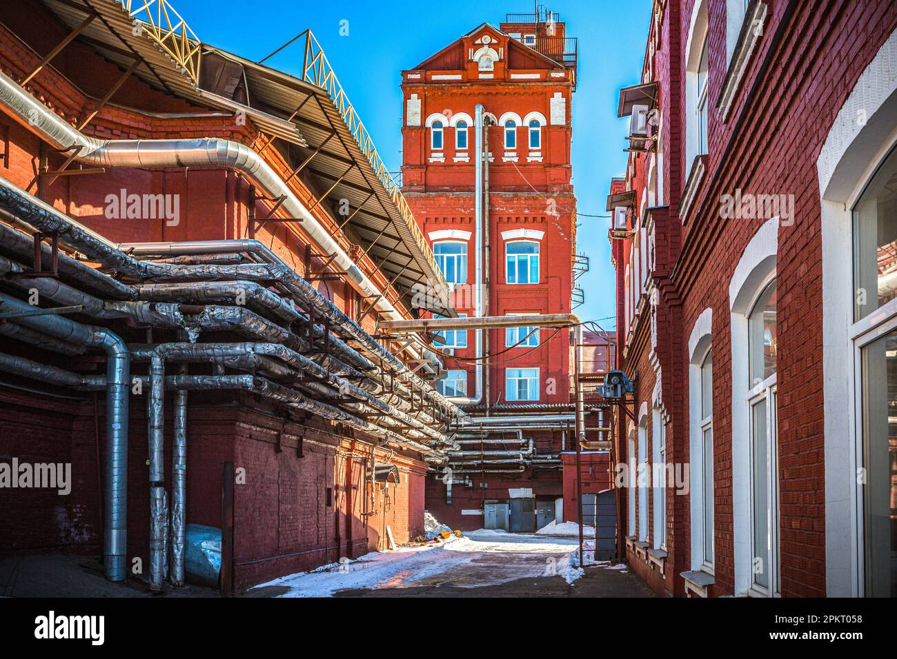 Industrial buildings of an old red brick factory in Moscow, Russia ...