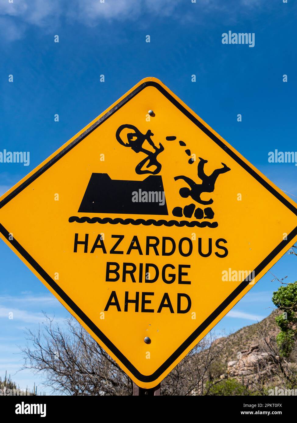 Hazardous Bridge warning sign, Sabino Canyon, Santa Catalina Mountains ...