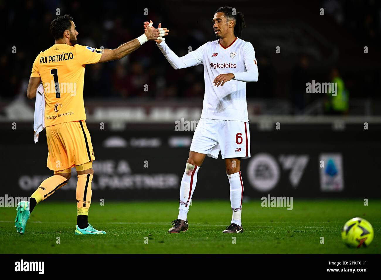 Turin, Italy. 8 April 2023. Rui Patricio of AS Roma celebrates the ...