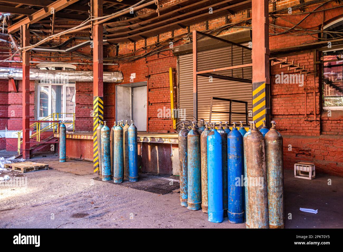 Gas cylinders on the territory of an old red brick factory in Moscow ...