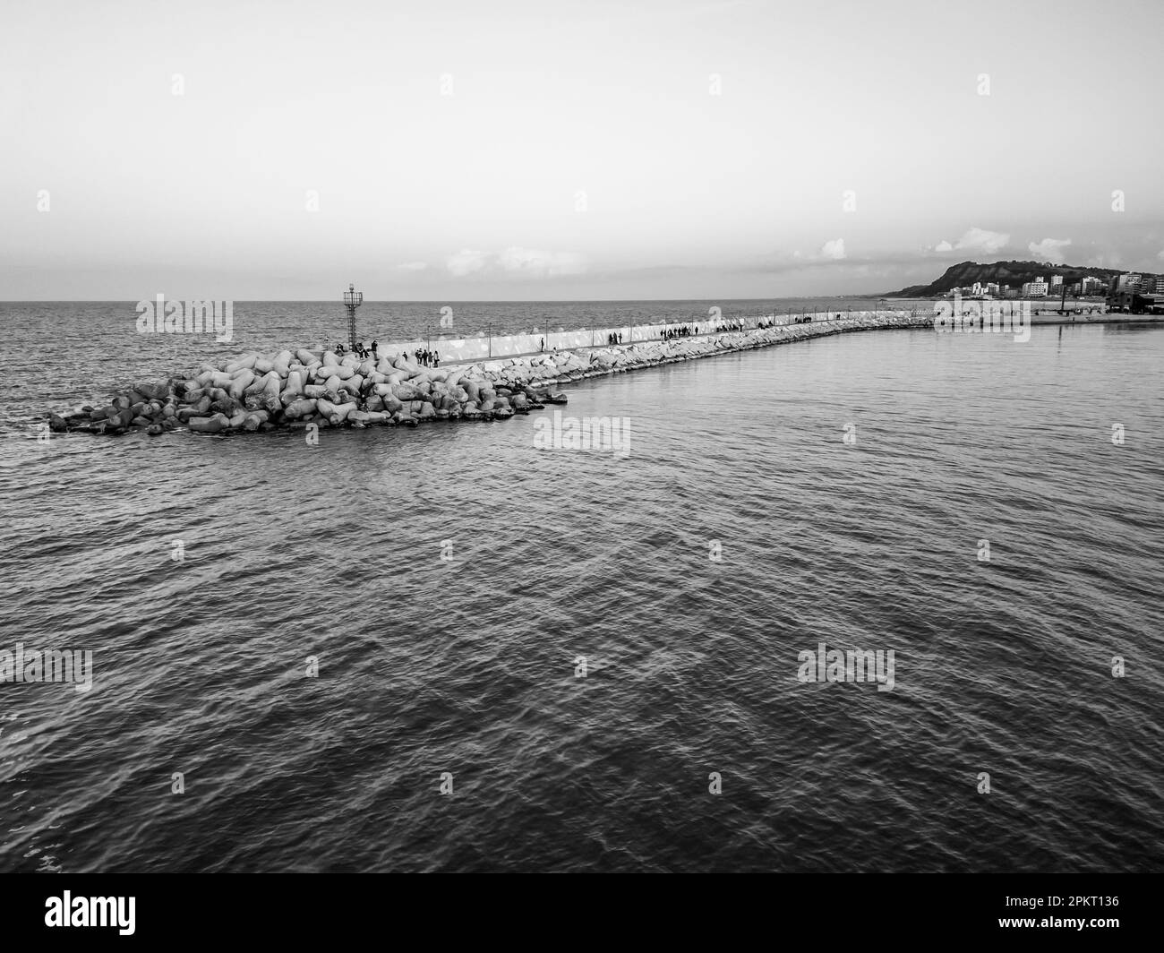 aerial view from the drone of the port of Pesaro with the rocks and ...