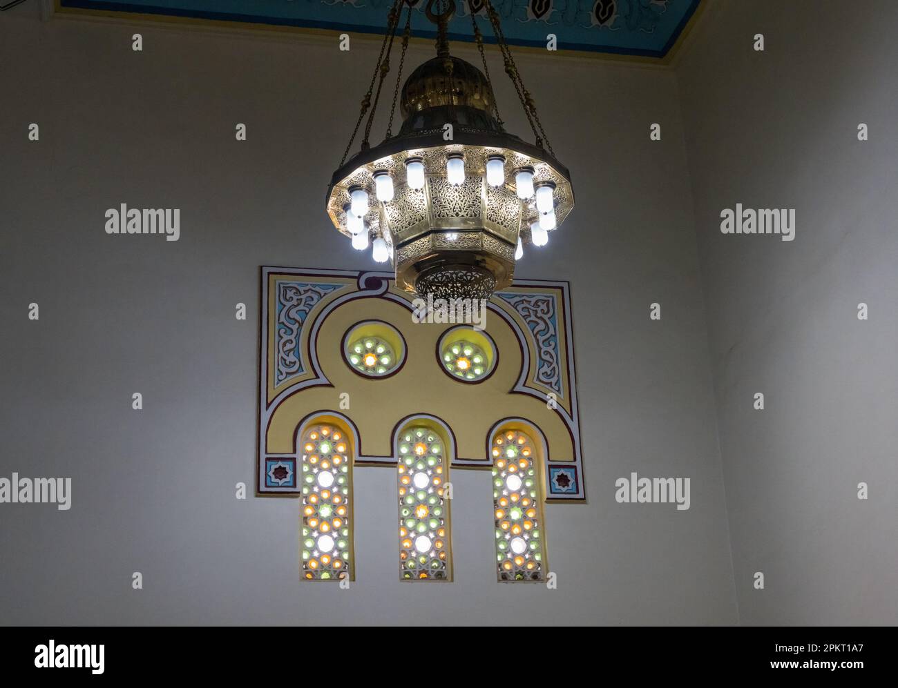 View into the painted window inside the Jumeirah Mosque in Dubai open ...