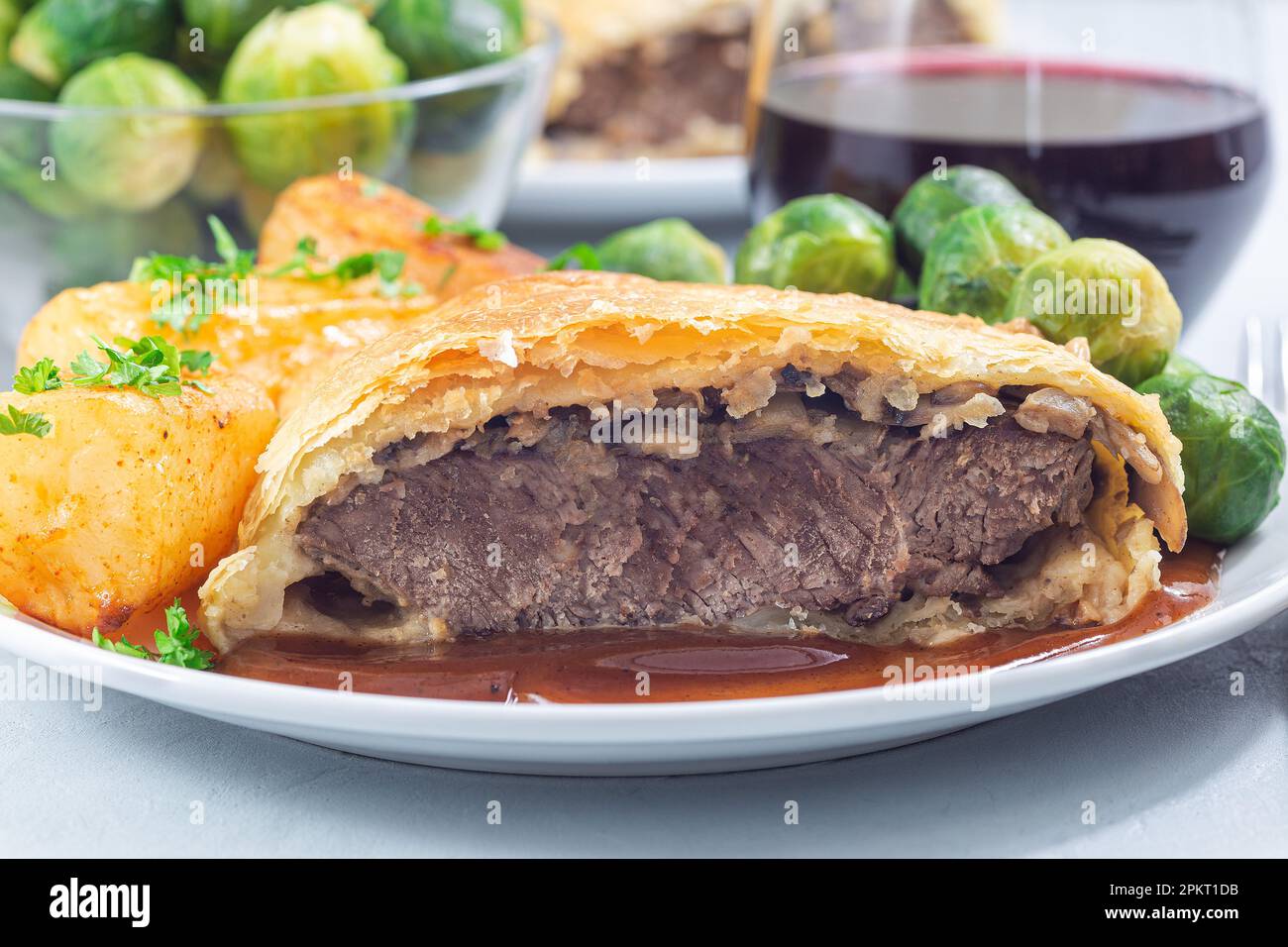 Homemade Beef Wellington with mushroom Duxelles, served with brussels ...