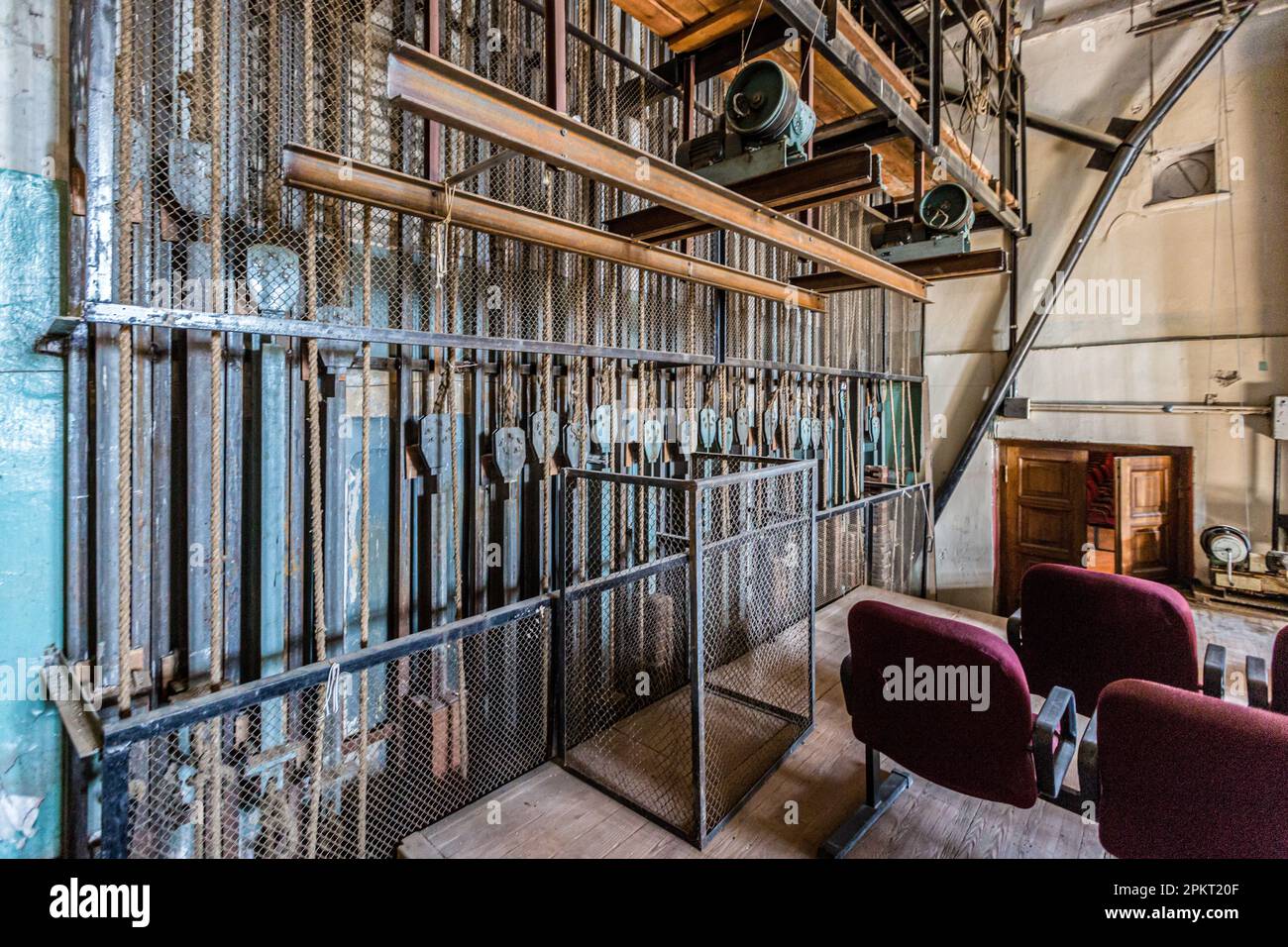 Abandoned old theater hall with beautiful frescoes, piano, stage and ...