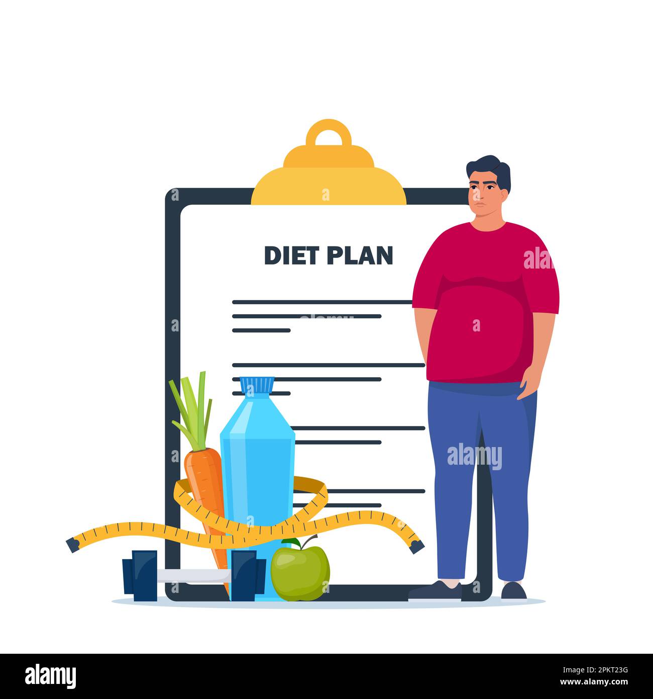 Fat man standing on weigh scales. Diet plan checklist. Healthy food and ...