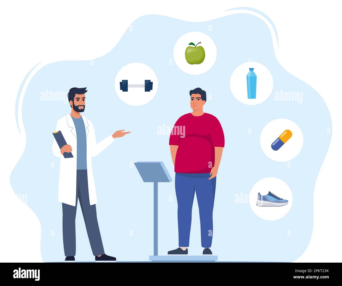 Fat man standing on weigh scales. Doctor explain about health and how ...