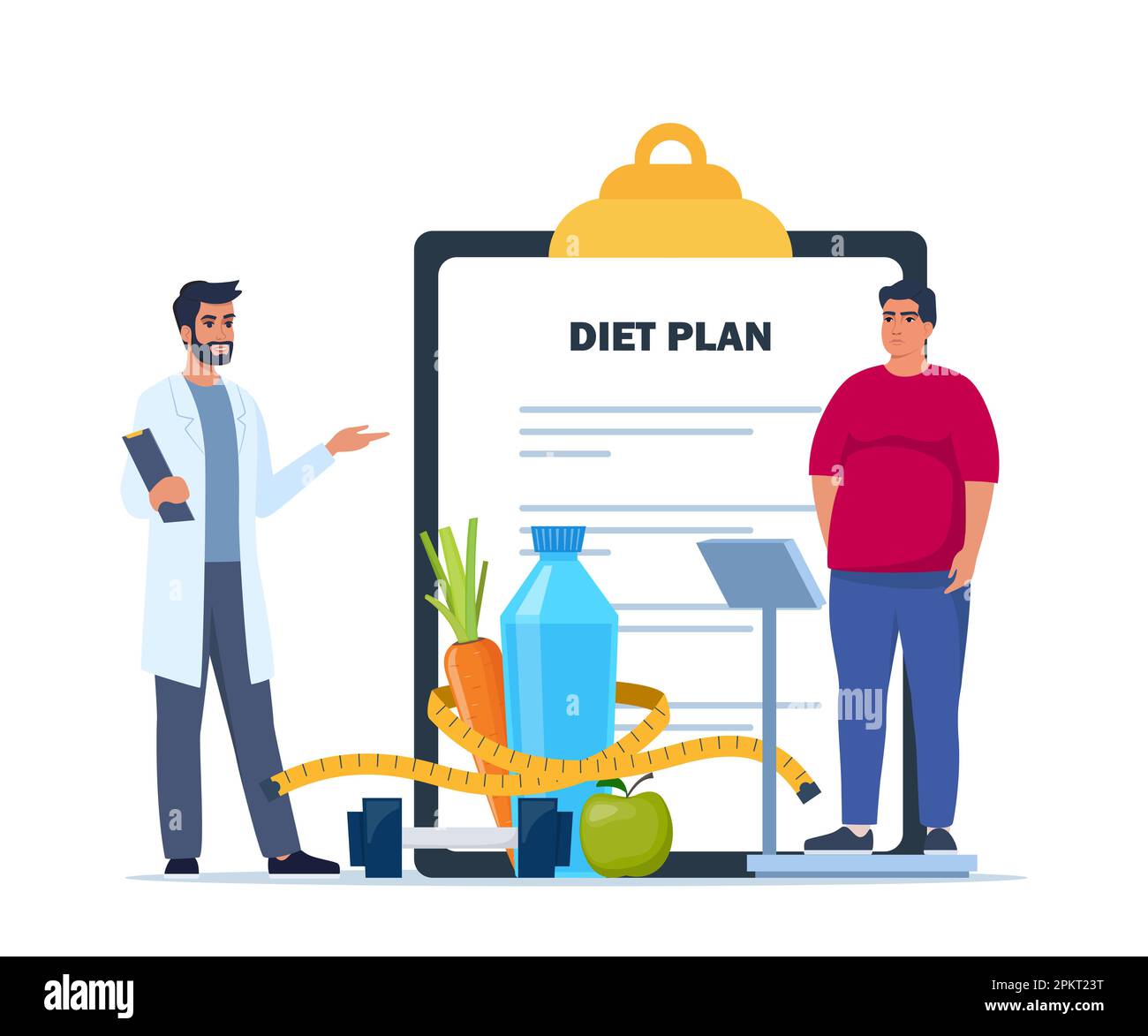 Fat man standing on weigh scales. Doctor explain about health and how ...