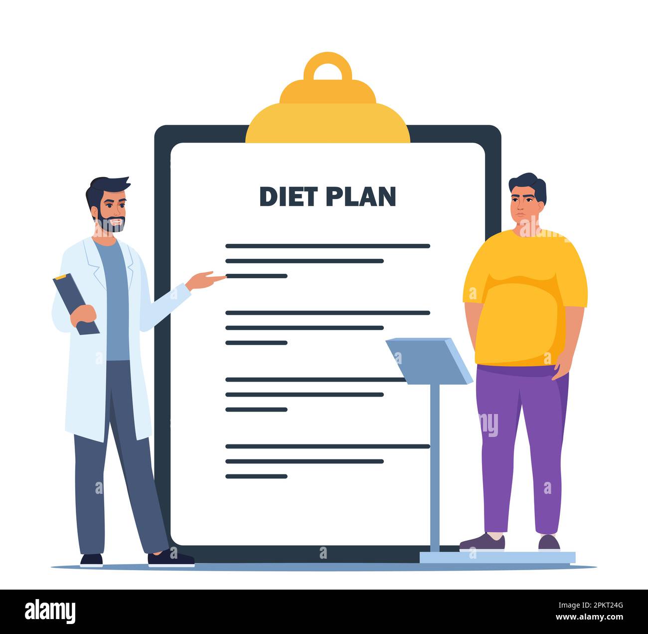 Fat man standing on weigh scales. Doctor explain about health and how ...