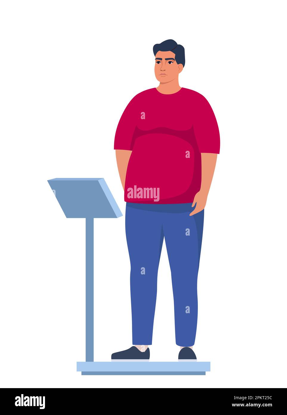 Fat obese man standing on weigh scales. Oversize fatty boy. Obesity ...