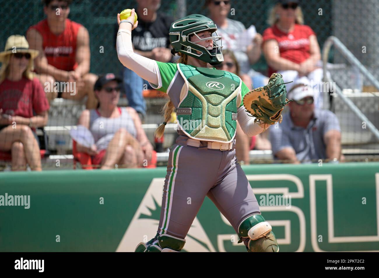 Stetson catcher Dylan Anthony (24) throws during an NCAA college softball game against ...