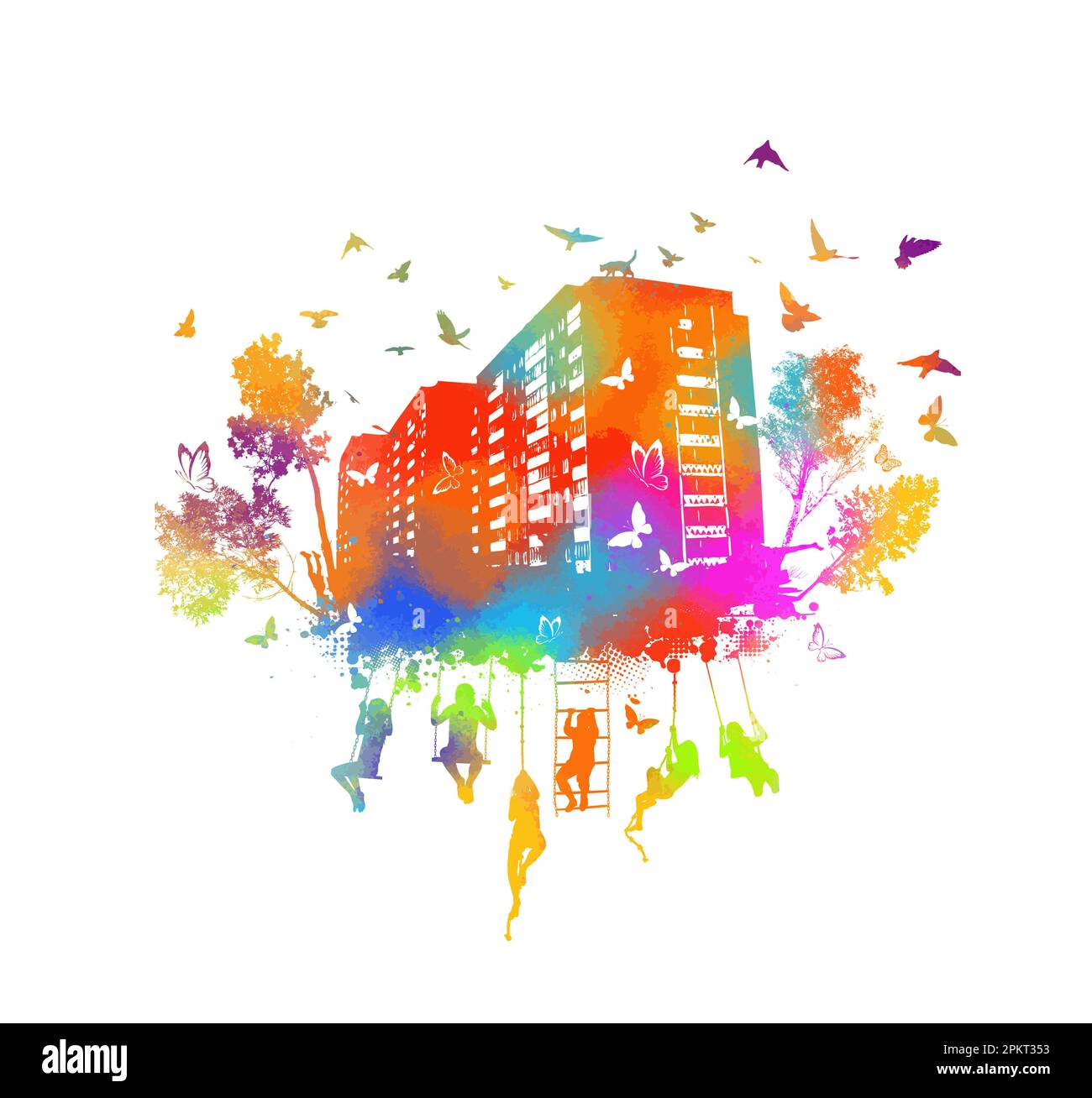 Abstraction colored city. Rainbow buildings. Silhouettes of happy ...
