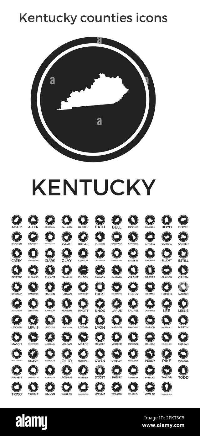 Kentucky counties icons. Black round logos with us state counties maps ...