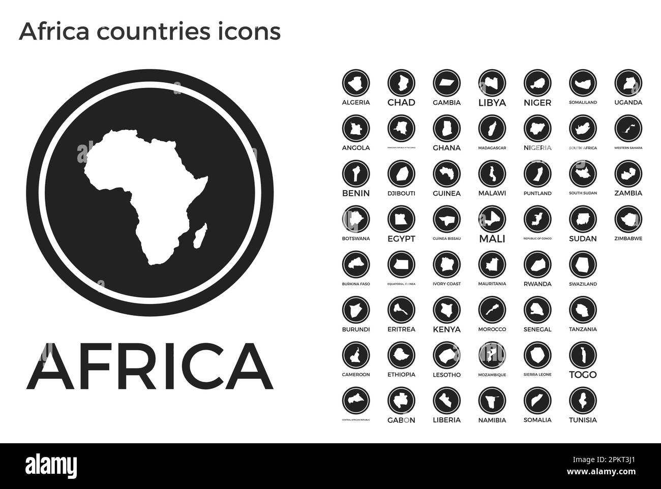 Africa countries icons. Black round logos with continent countries maps and titles. Vector ...