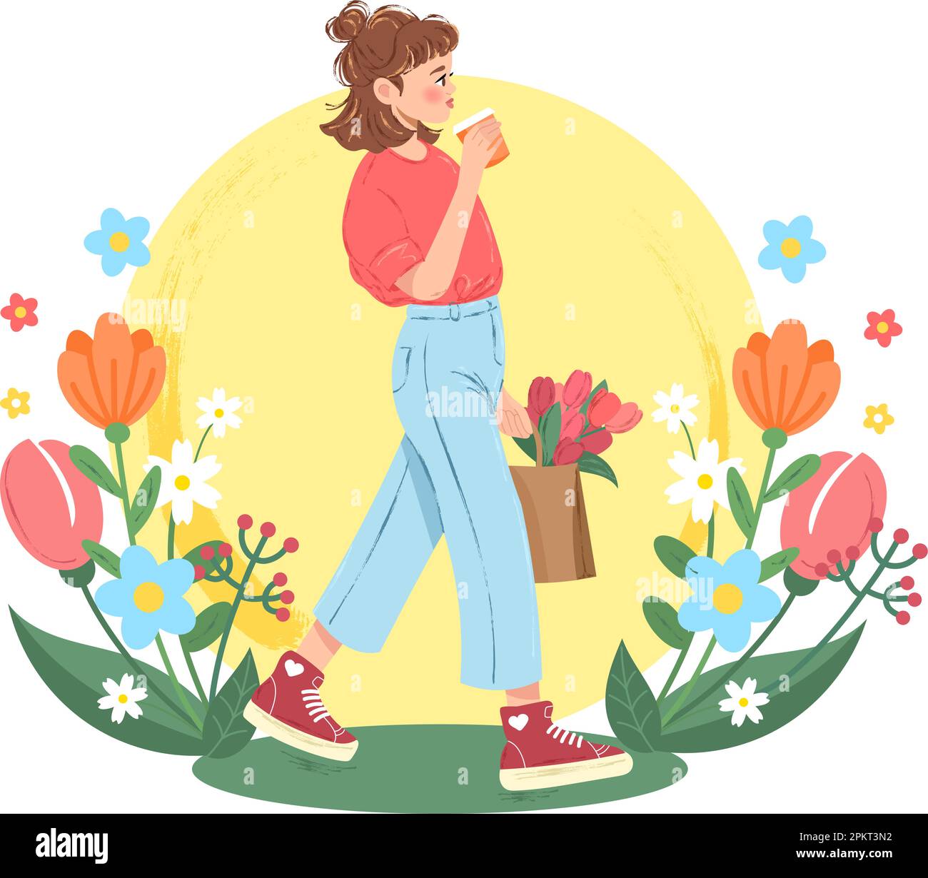 Illustration of a walking girl with coffee and a bouquet of tulips on a ...