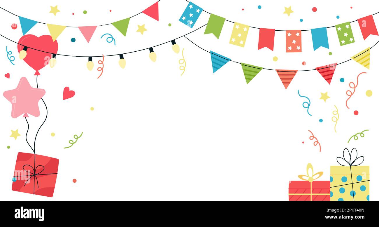 Party garlands banner, kids carnaval welcome poster. Fiesta festive flags bunting, confetti and ...