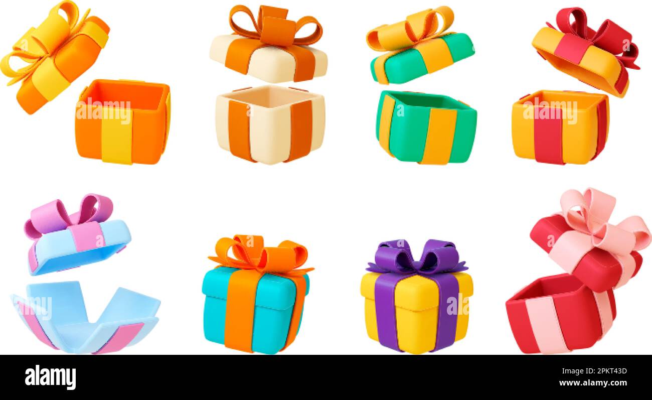 Gift box 3d, presents boxes with bows and ribbon. Gift prize open and ...