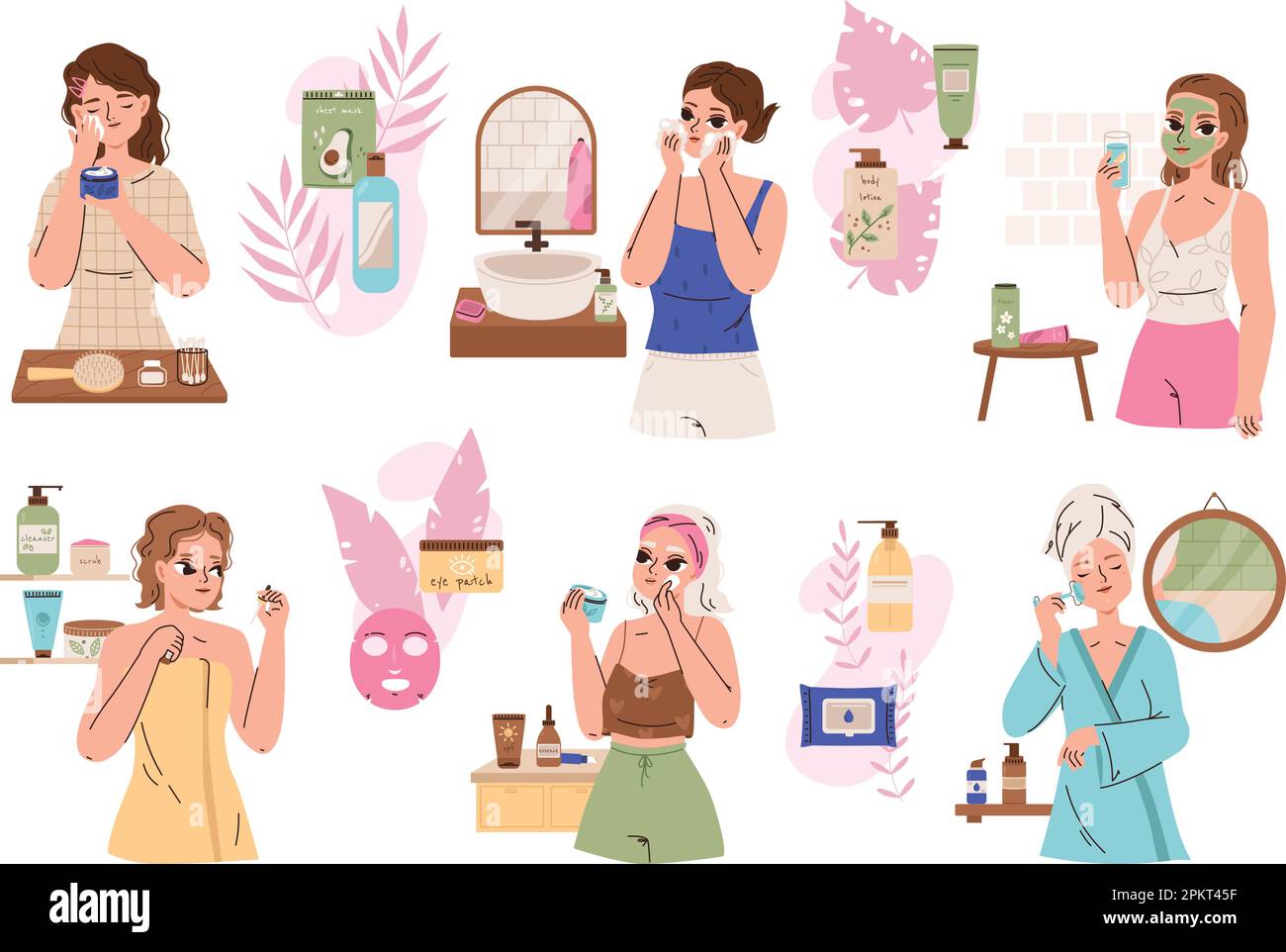 Morning beauty skincare routine. Girls lifestyle, care face in bathroom ...