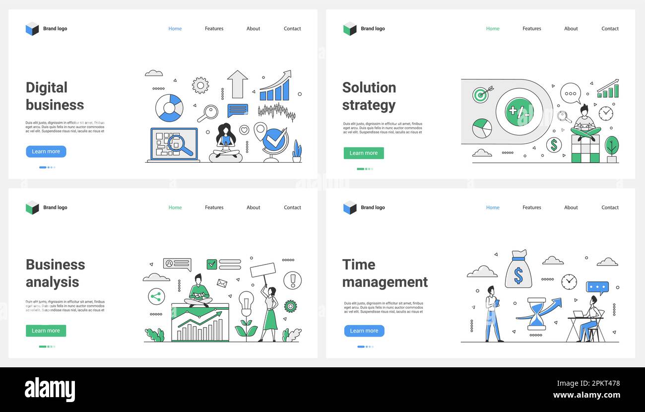 Digital solutions and strategy for online business, analysis and time management set vector ...