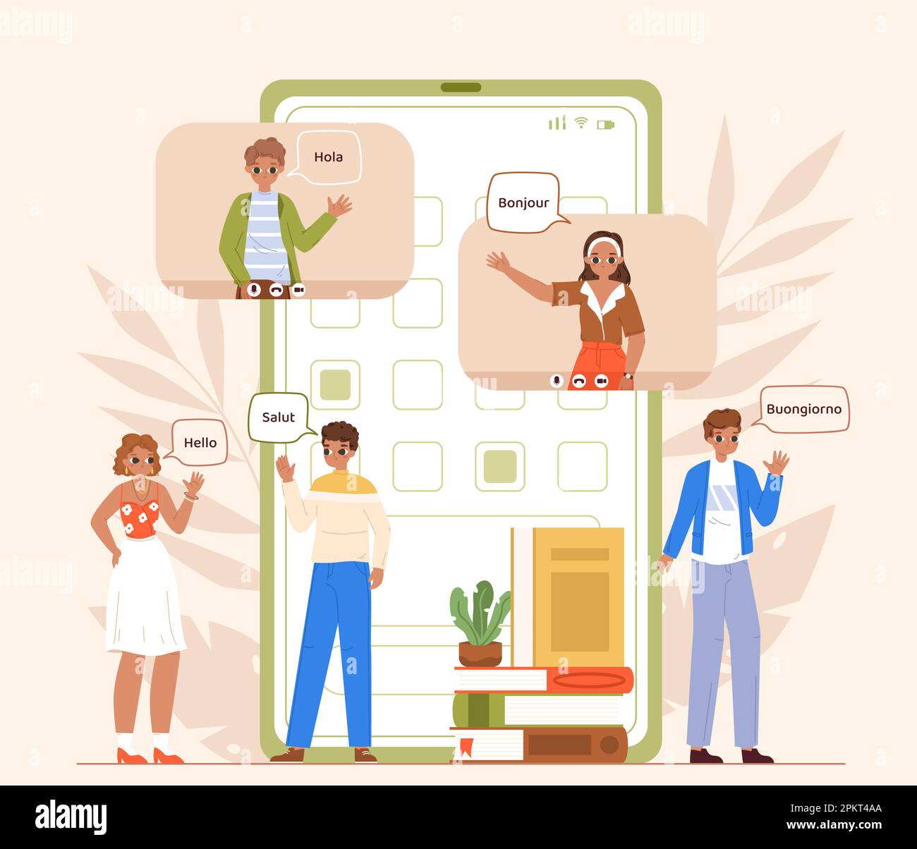 Foreign greeting, young people speak hello from phone. International ...