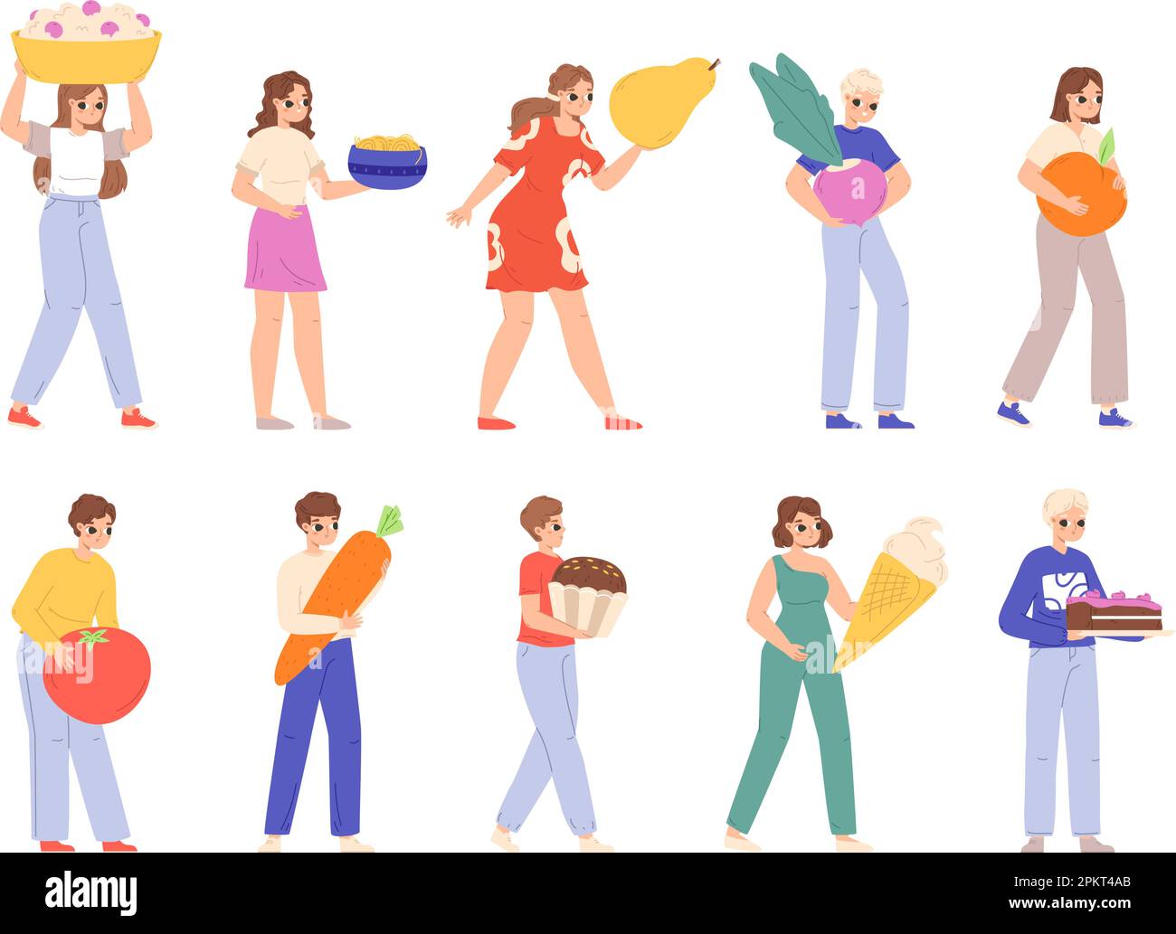 Giant healthy food, people carry fruits, vegetable and sweets ...