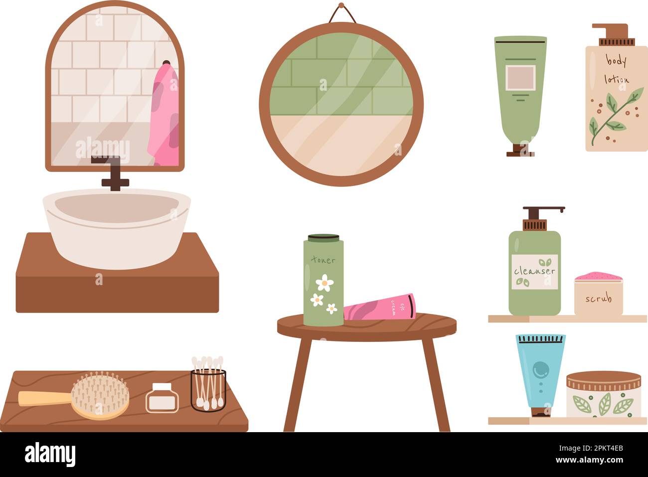 Bathroom elements, mirror and sink. Cosmetics tubes, lotion and facial ...
