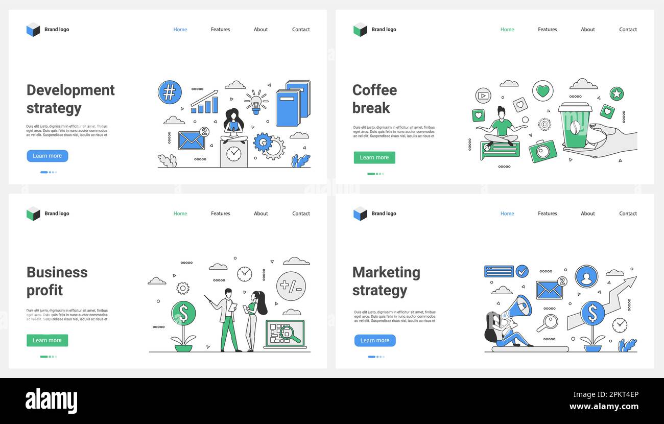 Business profit, marketing strategy development, coffee break set vector illustration. Cartoon ...