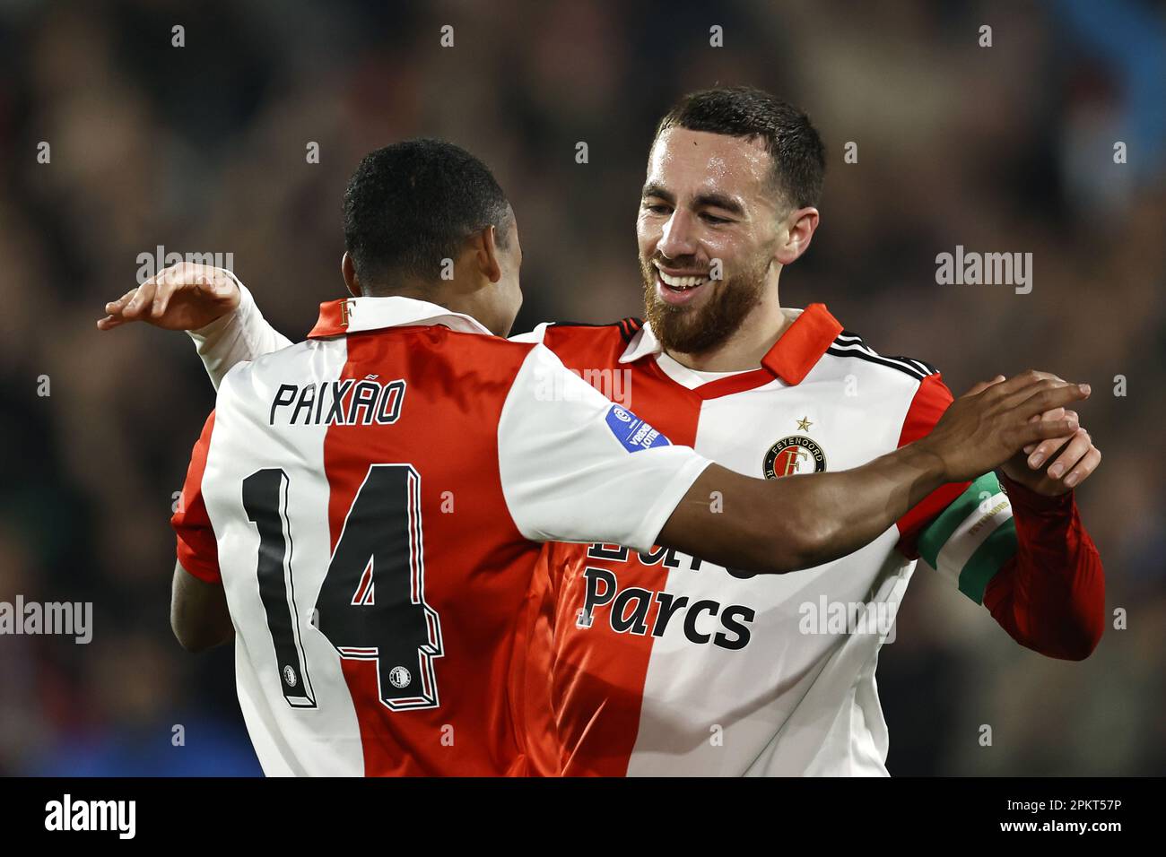 ROTTERDAM - (LR) Igor Paixao of Feyenoord, Orkun Kokcu of Feyenoord celebrate the 4-0 during the ...