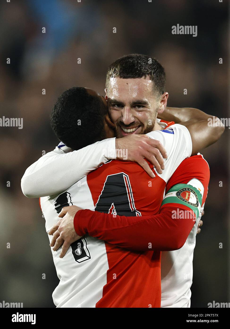ROTTERDAM - (LR) Igor Paixao of Feyenoord, Orkun Kokcu of Feyenoord celebrate the 4-0 during the ...